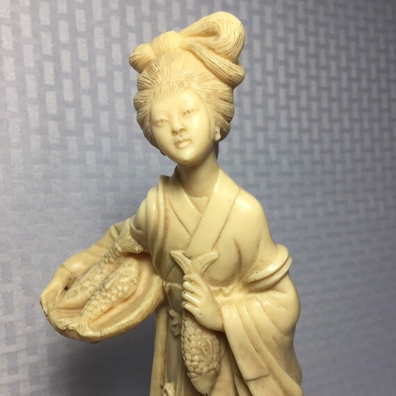 RARE Geisha Sculpture or Figurine of a Fish Seller Atop Wood | Etsy