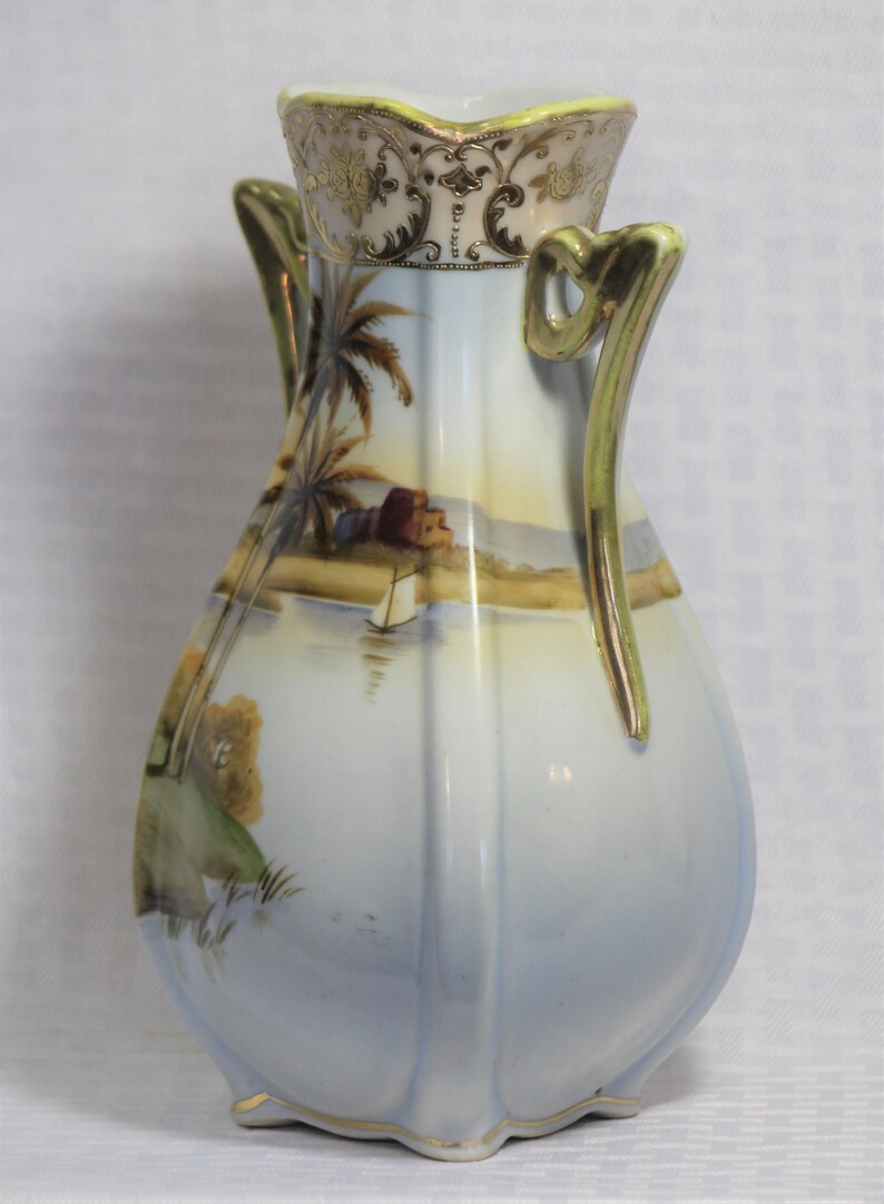 Hand Painted Ribbed Vase Art Deco Double Handles Palm Trees - Etsy