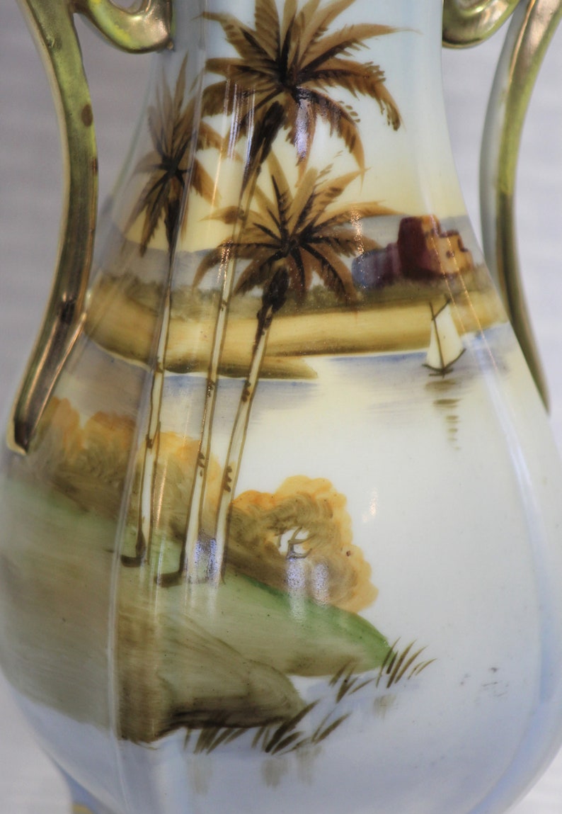 Hand Painted Ribbed Vase Art Deco Double Handles Palm Trees - Etsy