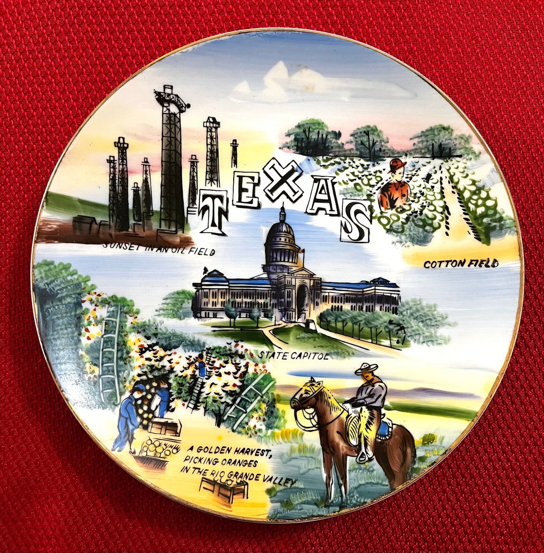 Texas State Souvenir Plate, Hand Painted, State Capitol, Sunset in an ...