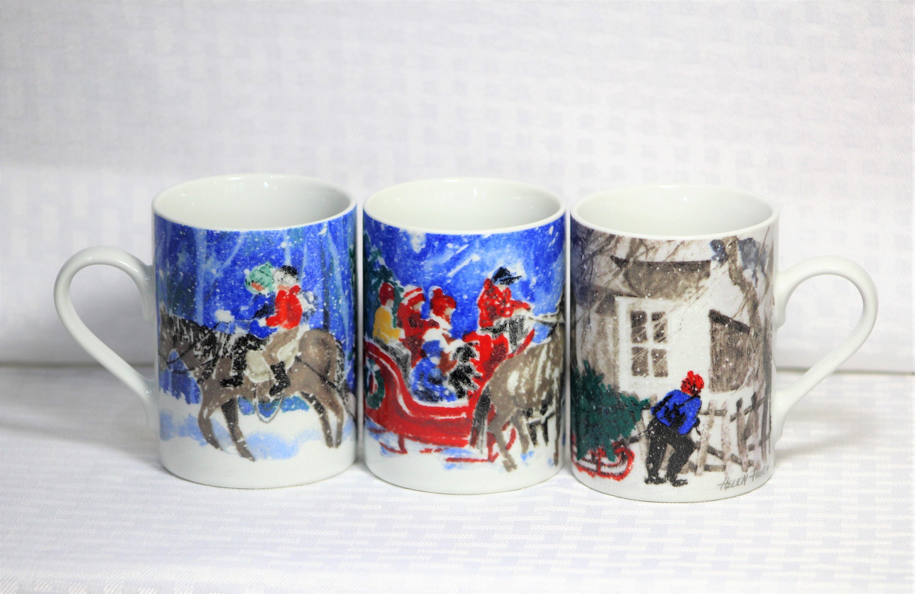 3 Helen Paul Christmas Coffee Mugs, Christmas Tree on a Sled, Family on ...