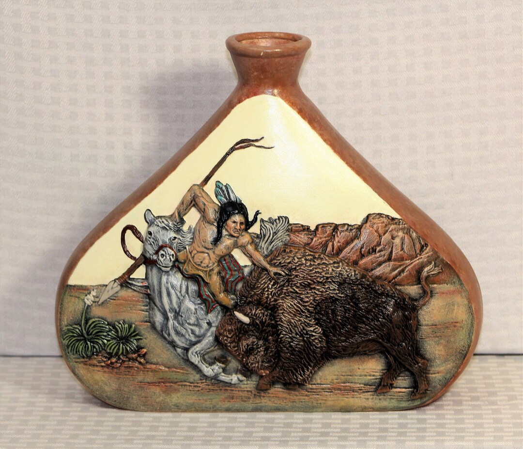 Southwestern Water Flask, Indian Brave on Horseback Attacking Buffalo ...