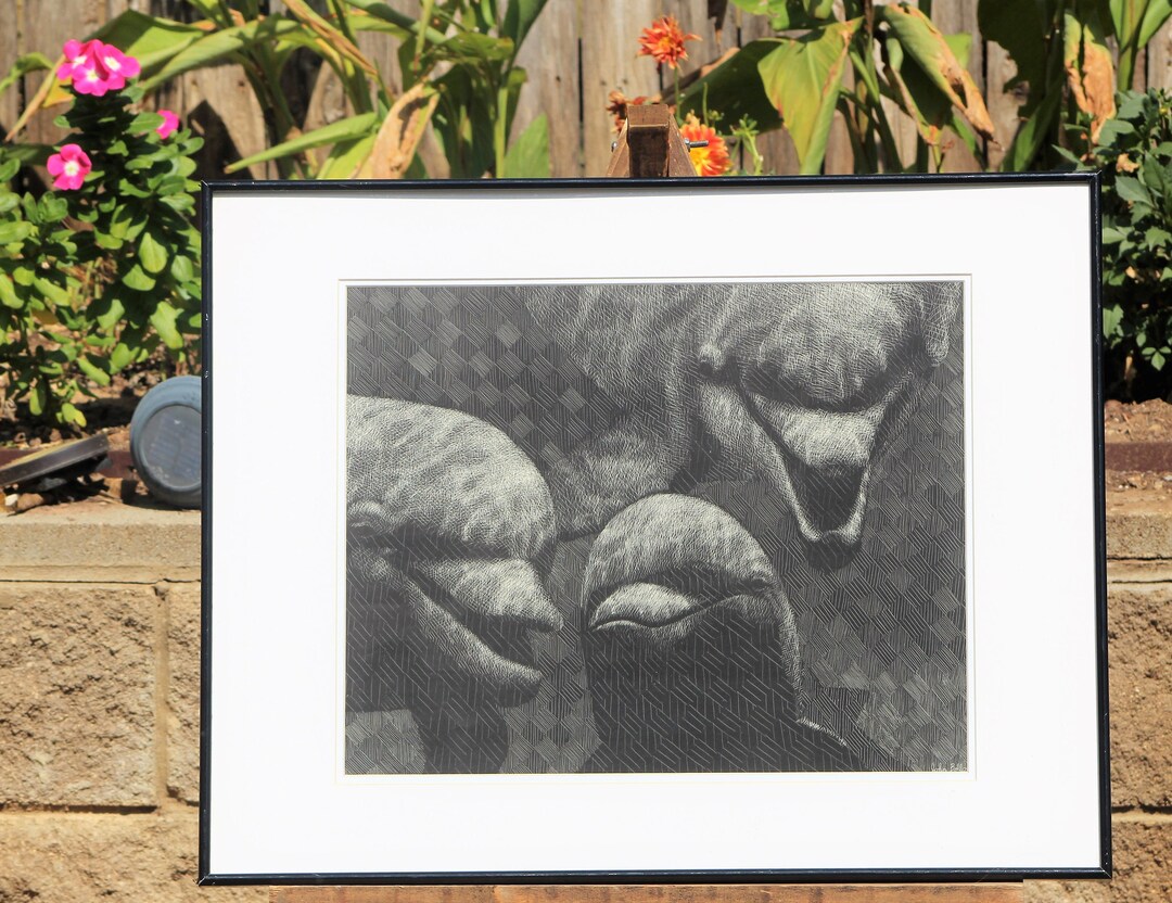 Intaglio Etching of Dolphins by John Ballou, Framed and Matted Under ...