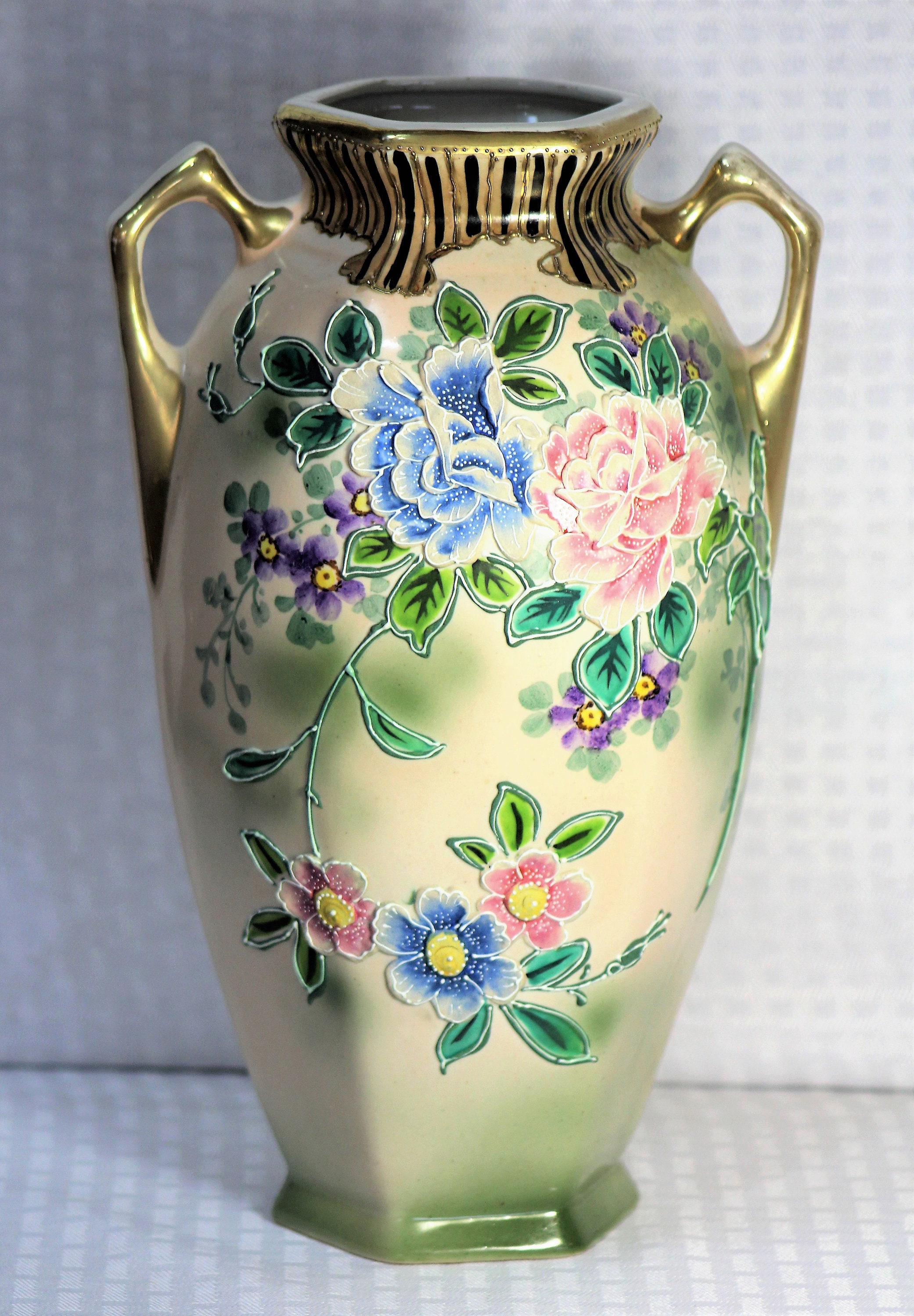 Large Hand Painted Hexagonal 12 Vase With Handles Blue | Etsy