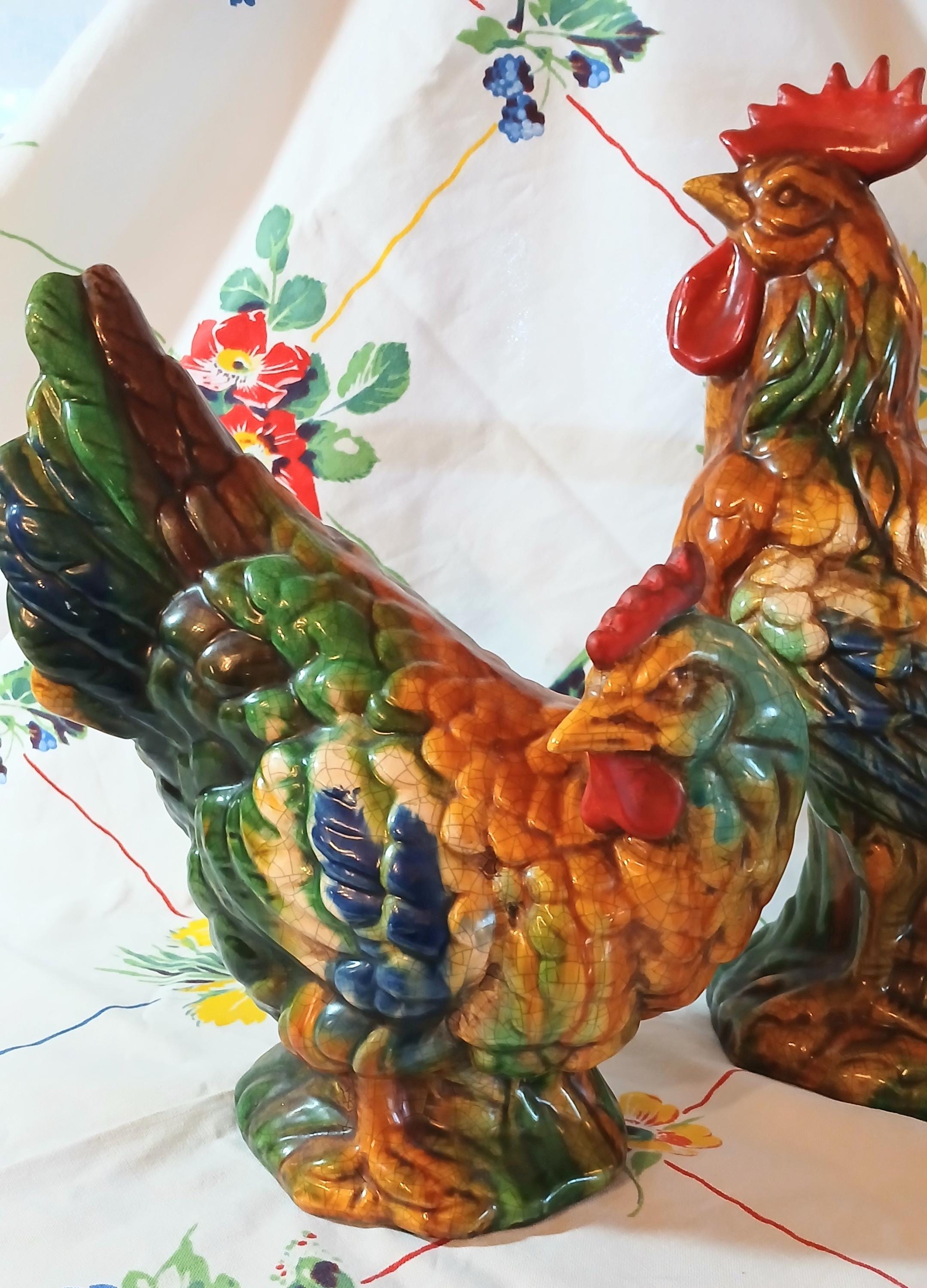 Majolica Hen and Rooster, Vintage Large Colorful Minton Reproduction ...