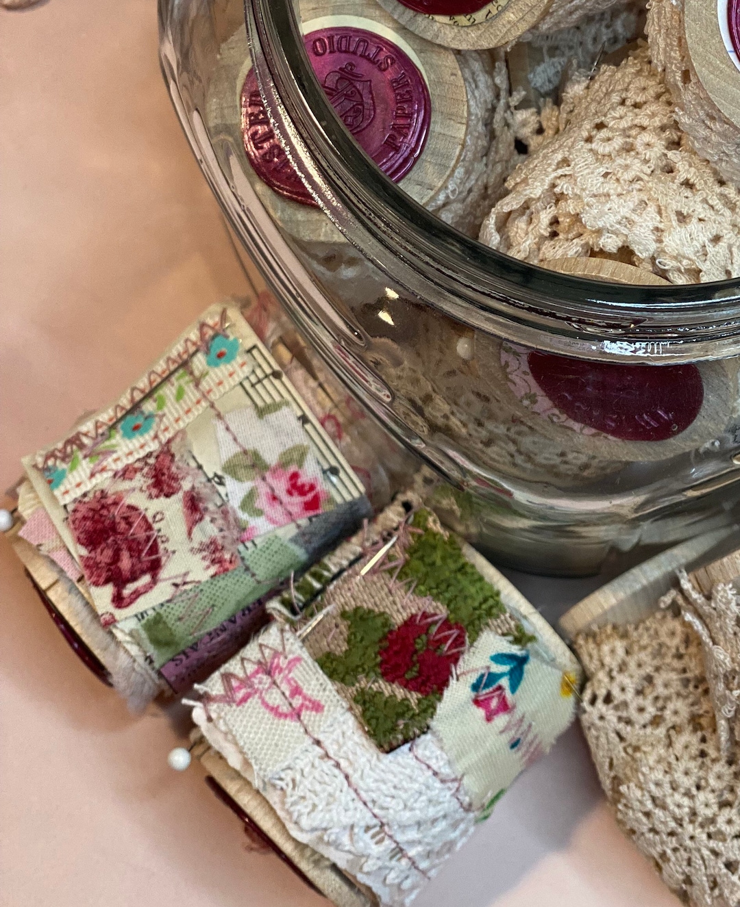 Stitched Snippet Fabric Paper Roll on a Wooden Spool French Vintage ...
