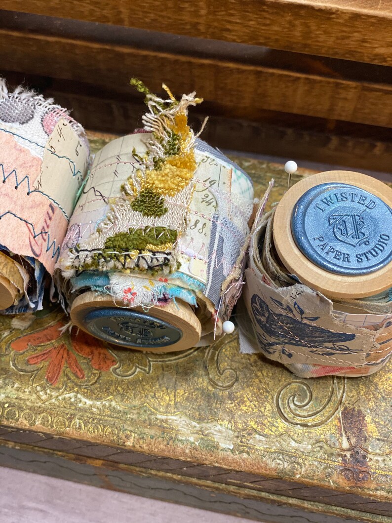 Stitched Snippet Fabric Paper Roll on a Wooden Spool French - Etsy