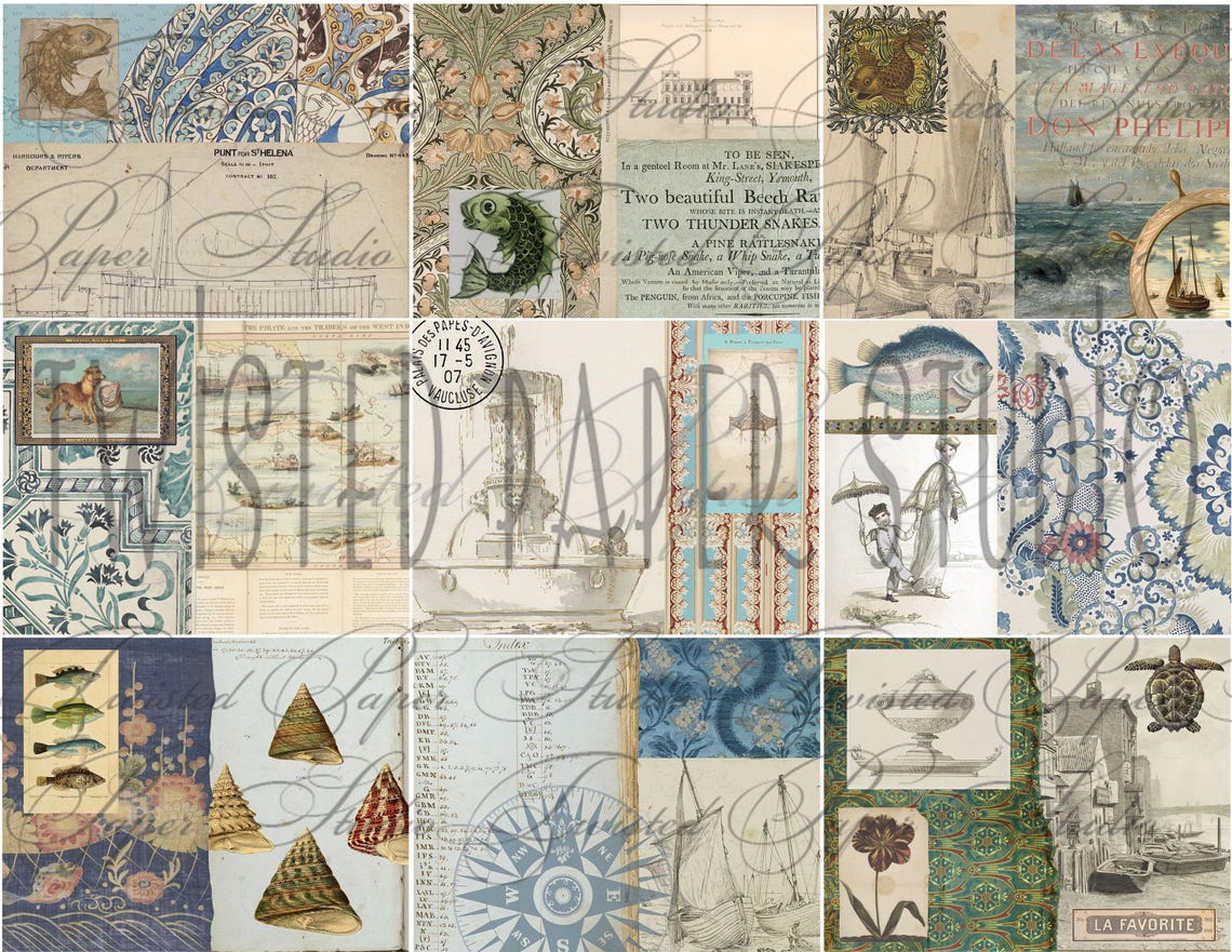 Fancy Seashore Digital Collage Journal Kit Ocean Fish Sea 2 Document ...