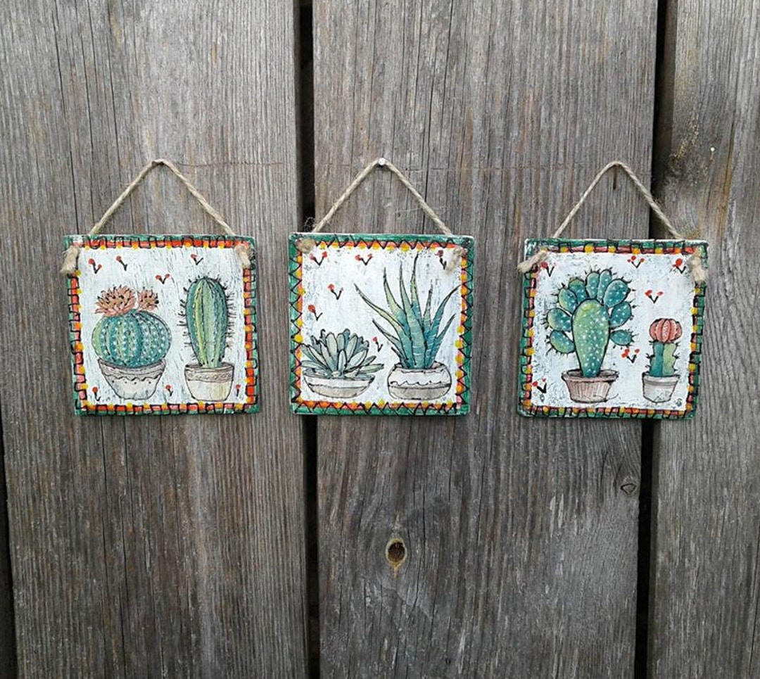 Set Boho Room Decor Cactus Plant Primitive Decorations Sign Succulent ...