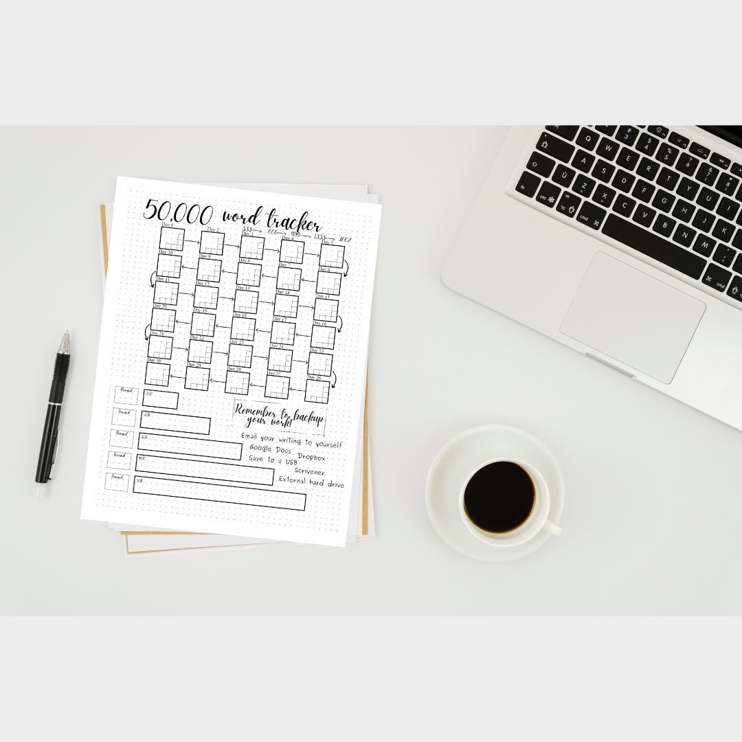 50,000 Word Count Tracker for Nanowrimo | Bullet Journal Printable 30 ...