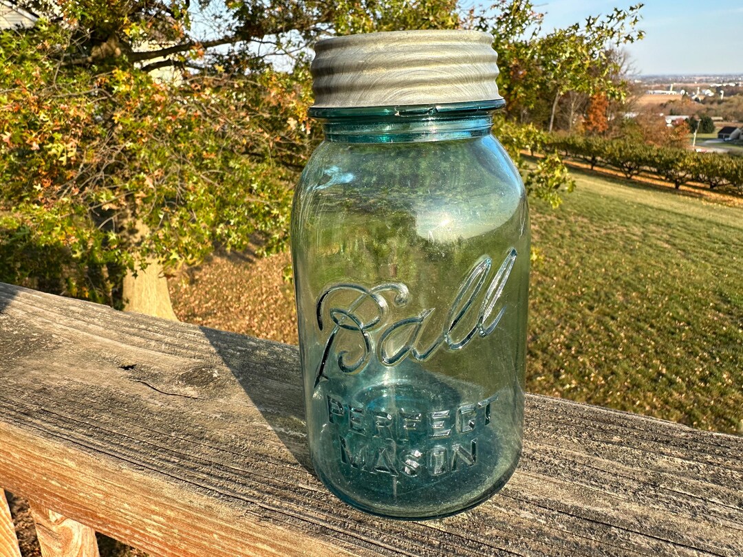 Antique Ball Jar With Zinc Lid; Blue/aqua Glass; #4 on Bottom; Script ...