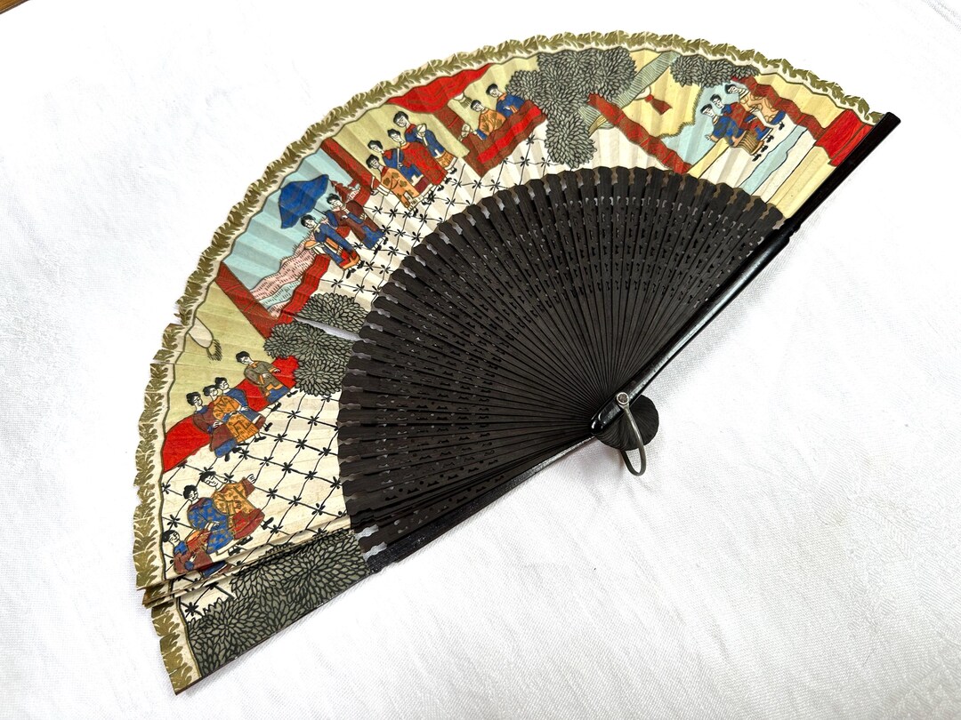 Vintage Figural Ivory Paper Fan With Lacquered Edges; Hand-painted ...