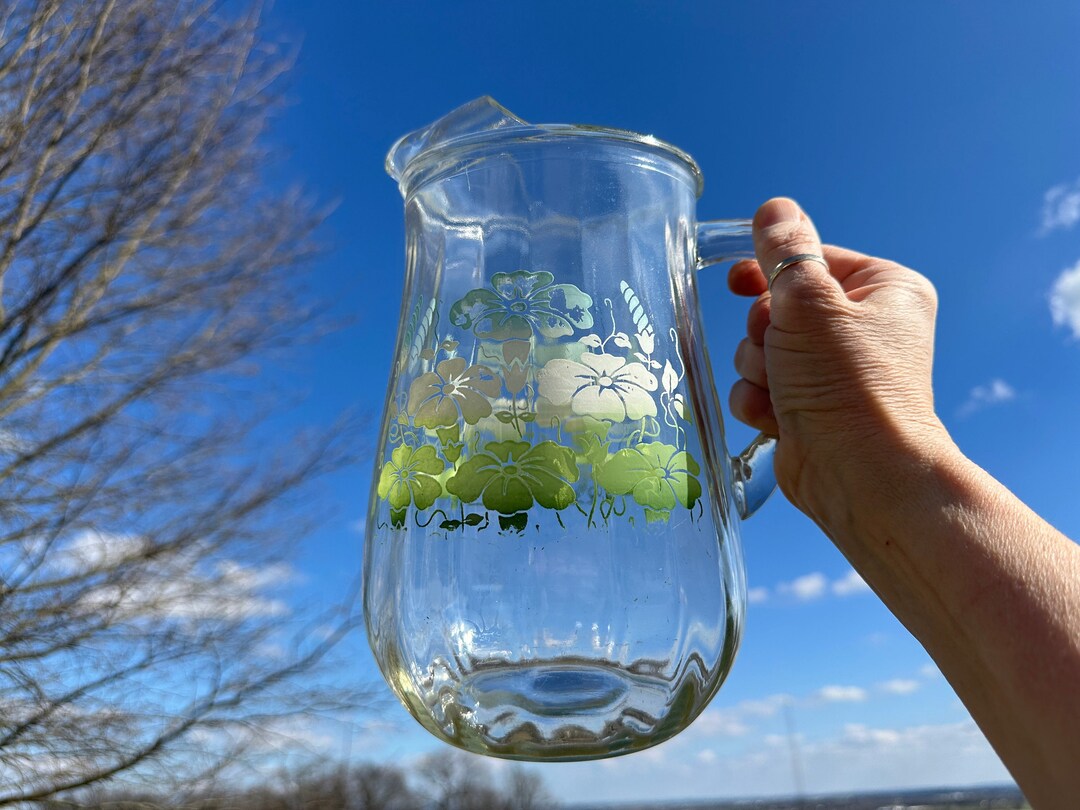 Vintage Glass Pitcher With Flower / Morning Glory (?) Design; 1940s or ...