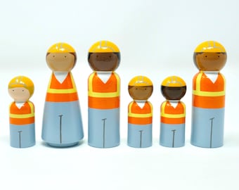 Multicultural Construction Worker Peg Doll Person Set of 3 / Wooden ...