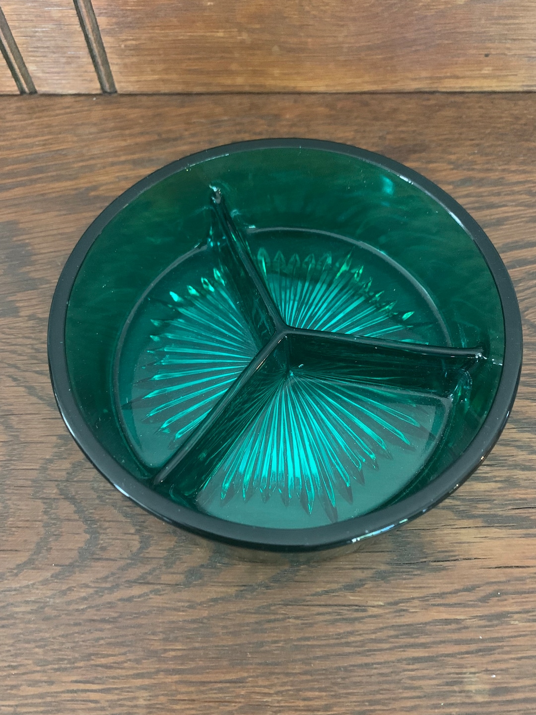 Vintage Teal Green Glass Divided Dish Trinket Vanity Retro Starburst ...