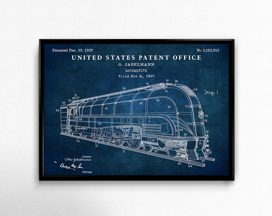 1939 Locomotive Patent Print, Vintage Train Blueprint Wall Art ...
