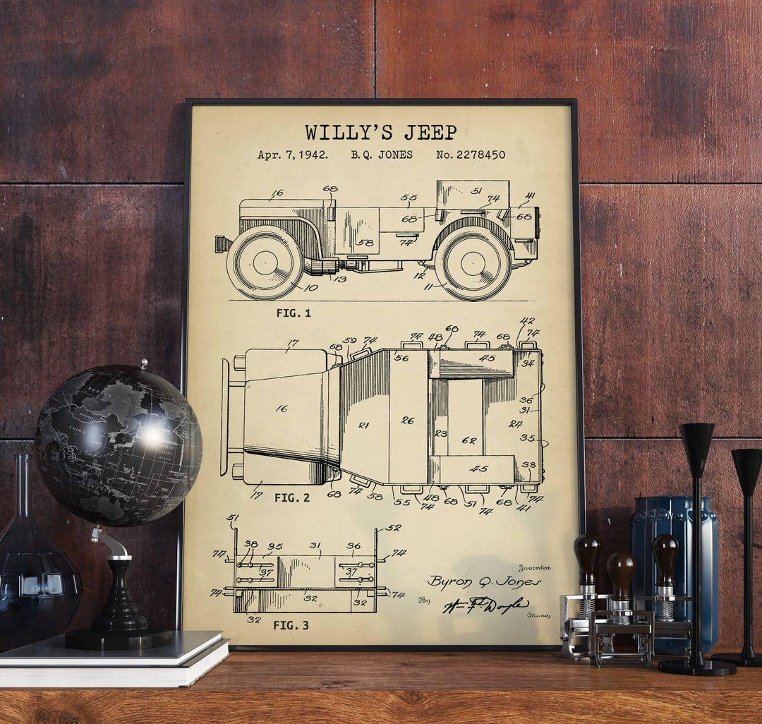 1942 Willys Jeep Patent Print, Vintage Army Vehicle Blueprint Art for ...