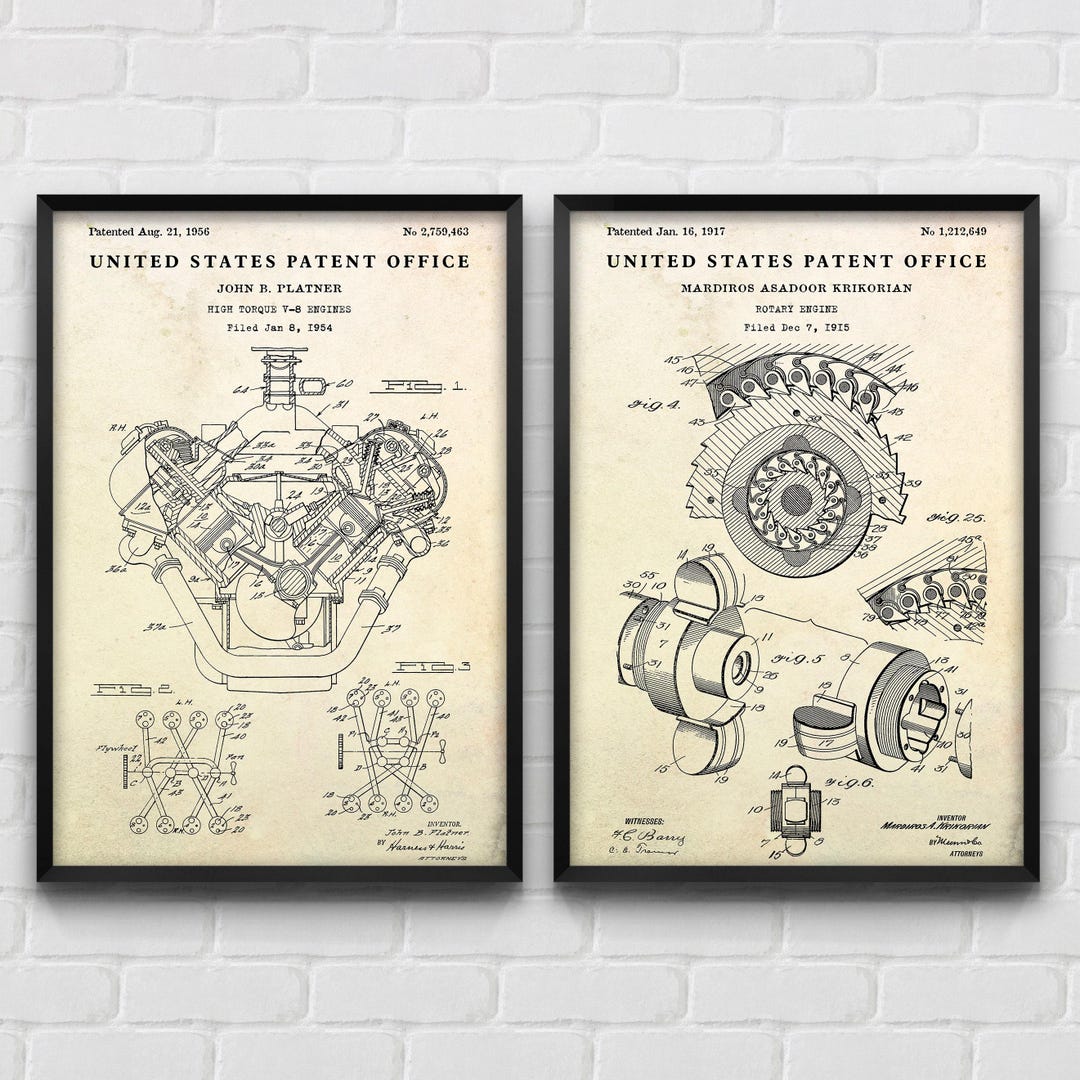 Vintage Rotary, V8 Engine Patent Wall Art Prints for Automotive Decor ...