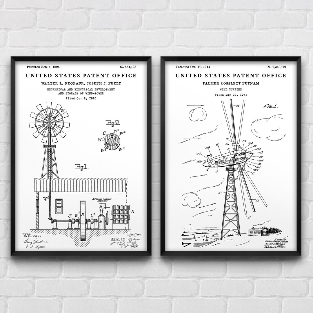 Set of 2 Wind Turbine Patent Schematic Prints, Renewable Energy Wall ...