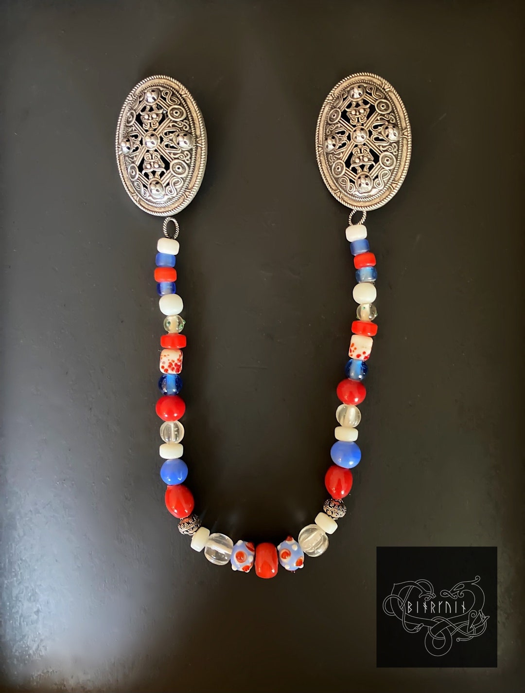 Viking Broach Set From Historical Find and Handmade Glass Beads Strand ...