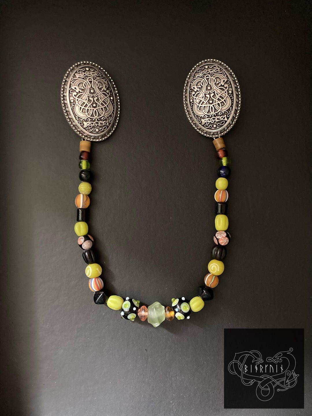 Viking Broach Set With Pattern of Fafnir and Handmade Glass Beads ...