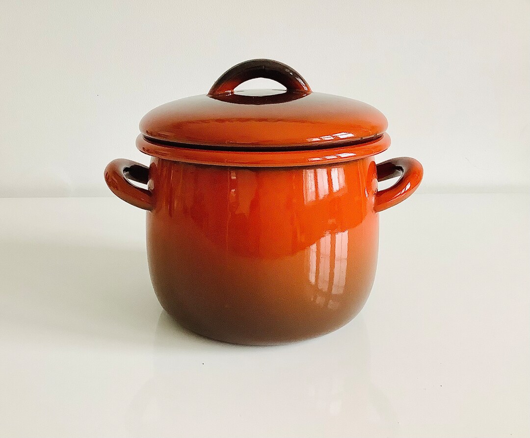 Vintage Orange Enamelware Bean Pot With Lid / Two Handled 1970s Lidded ...