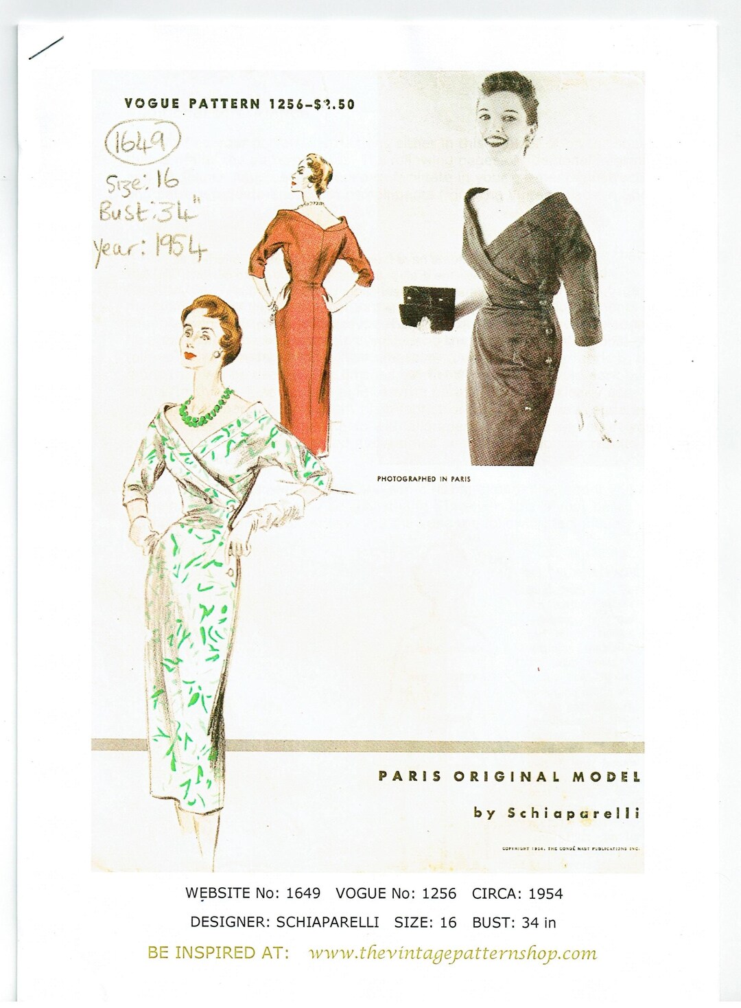 1954 Sewing Pattern Bust 34 Dress by Schiaparelli Vogue Paris 1256 ...