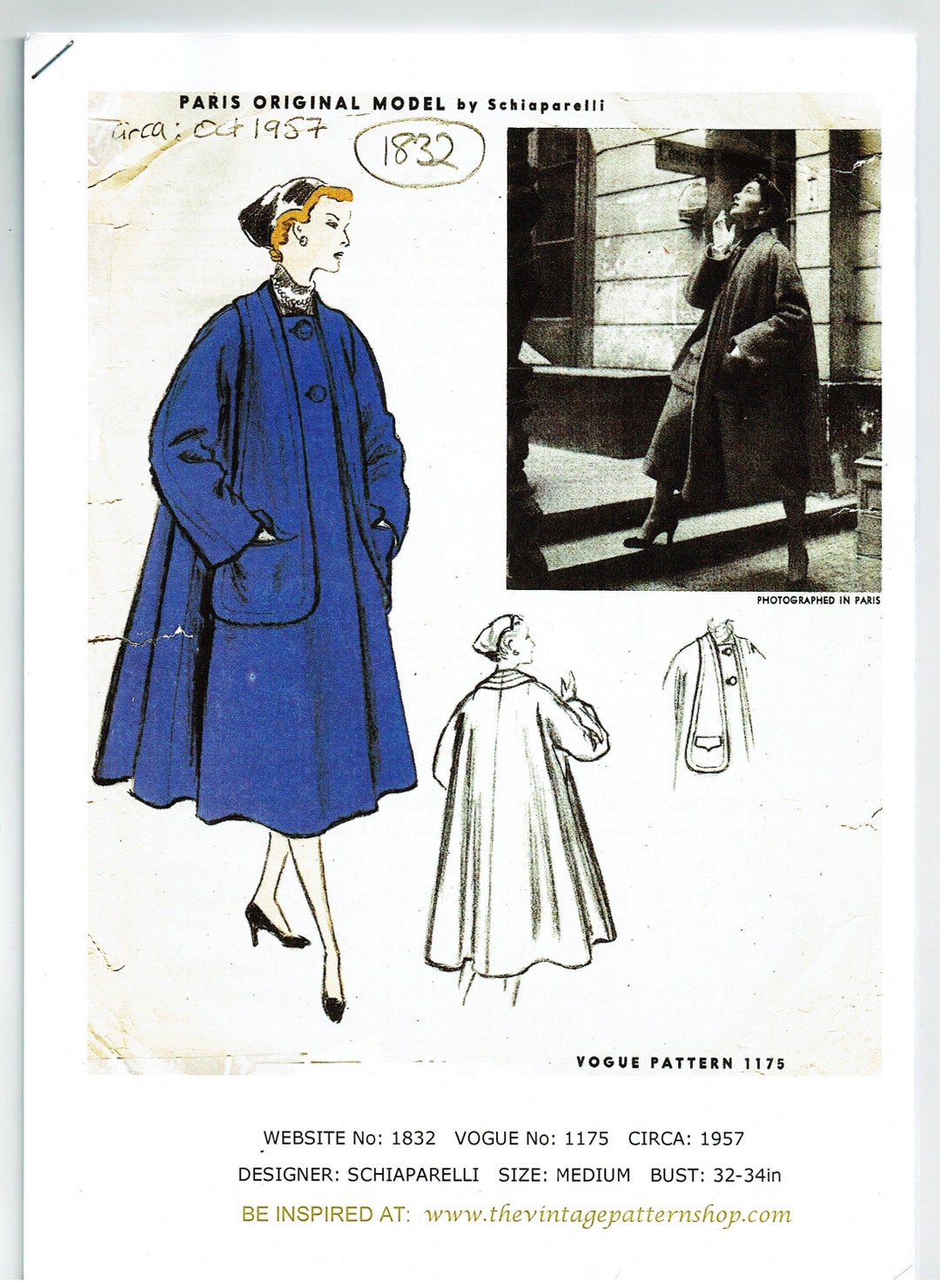 1957 Sewing Pattern Bust 32-34″ Coat by Schiaparelli Vogue Paris 1175 ...