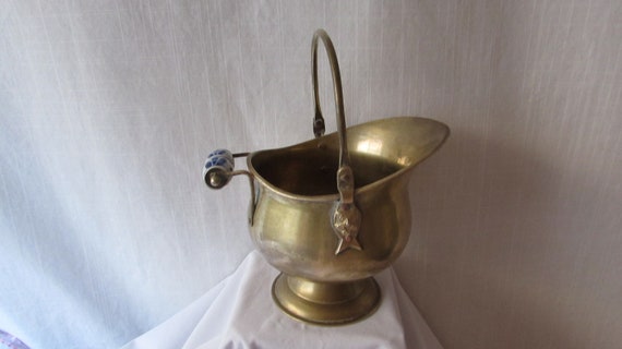 Coal Scuttle Bucket Brass with blue and white porcelain handle | Etsy