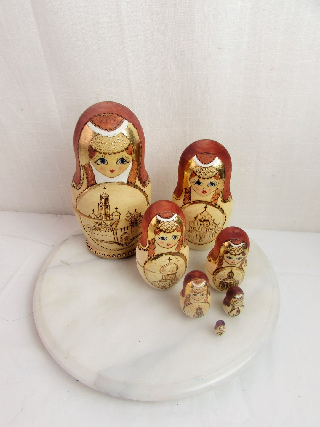 WOODEN MATRYOSHKA NESTING Dolls 7 Pieces Hand Painted Wood Burned ...
