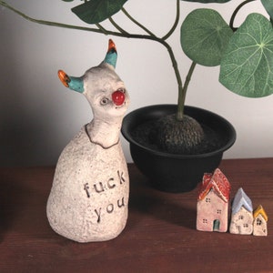 Handmade Ceramic Horned Figure Sculpture, Whimsical Art, Home Decor ...