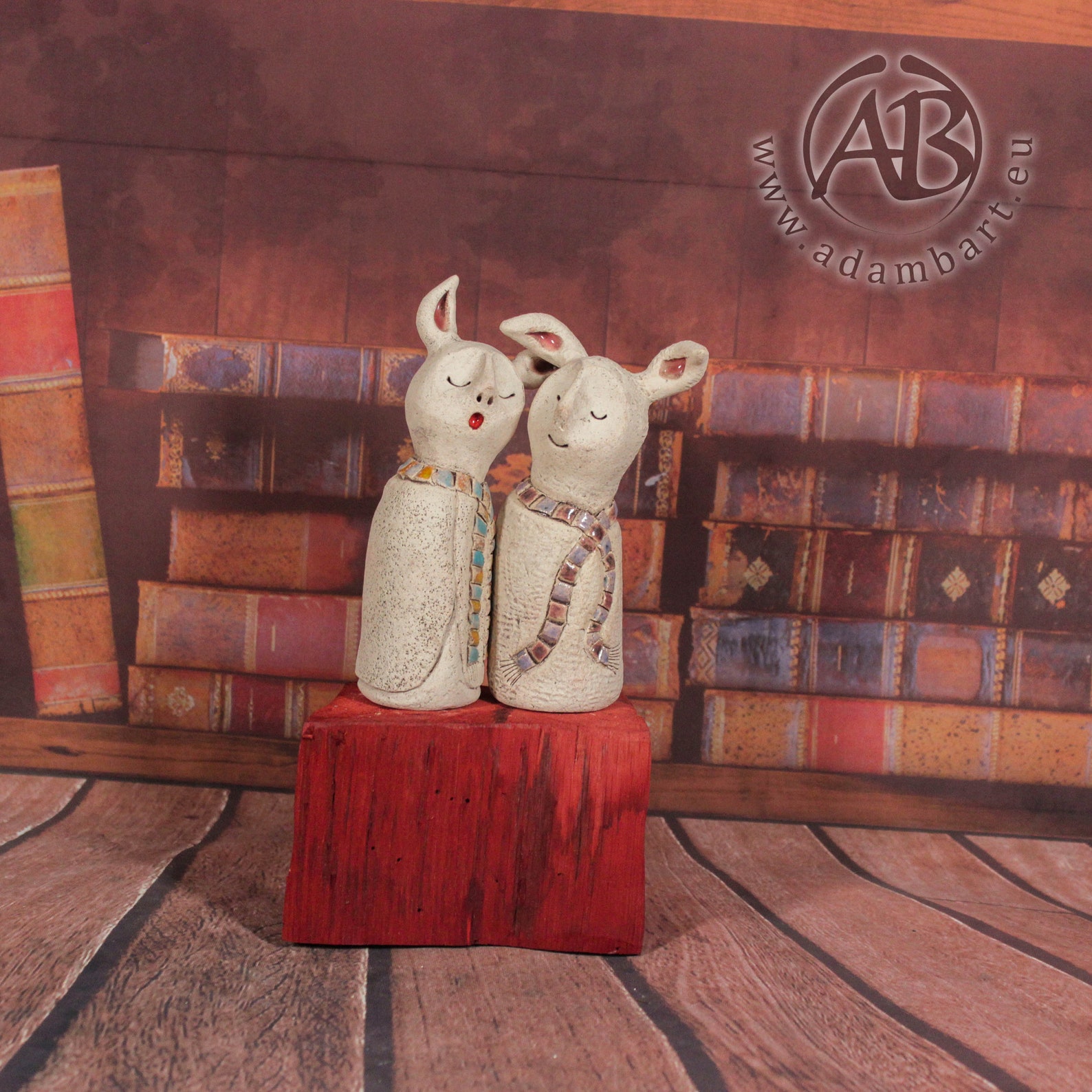 Funny Rabbit Characters Ceramic Figurine on Wooden Pedestal - Etsy