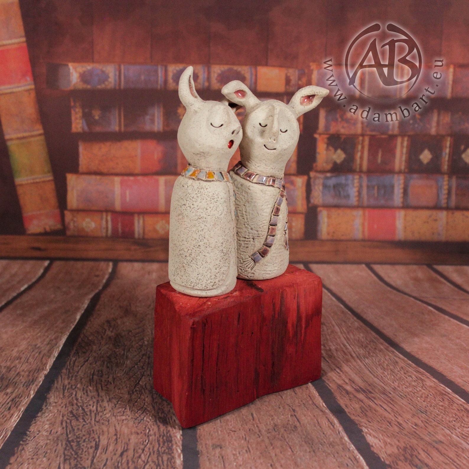 Funny Rabbit Characters Ceramic Figurine on Wooden Pedestal - Etsy