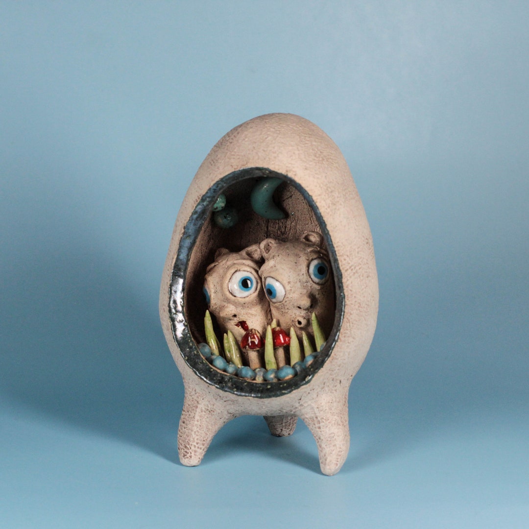Ceramic Diorama With a Cute Monster Couple Inside. Night Magic - Etsy