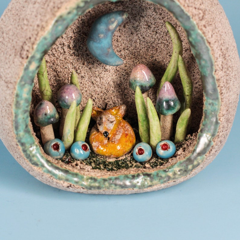 Magical Ceramic Miniature Diorama of a Fox and Mushroom - Etsy