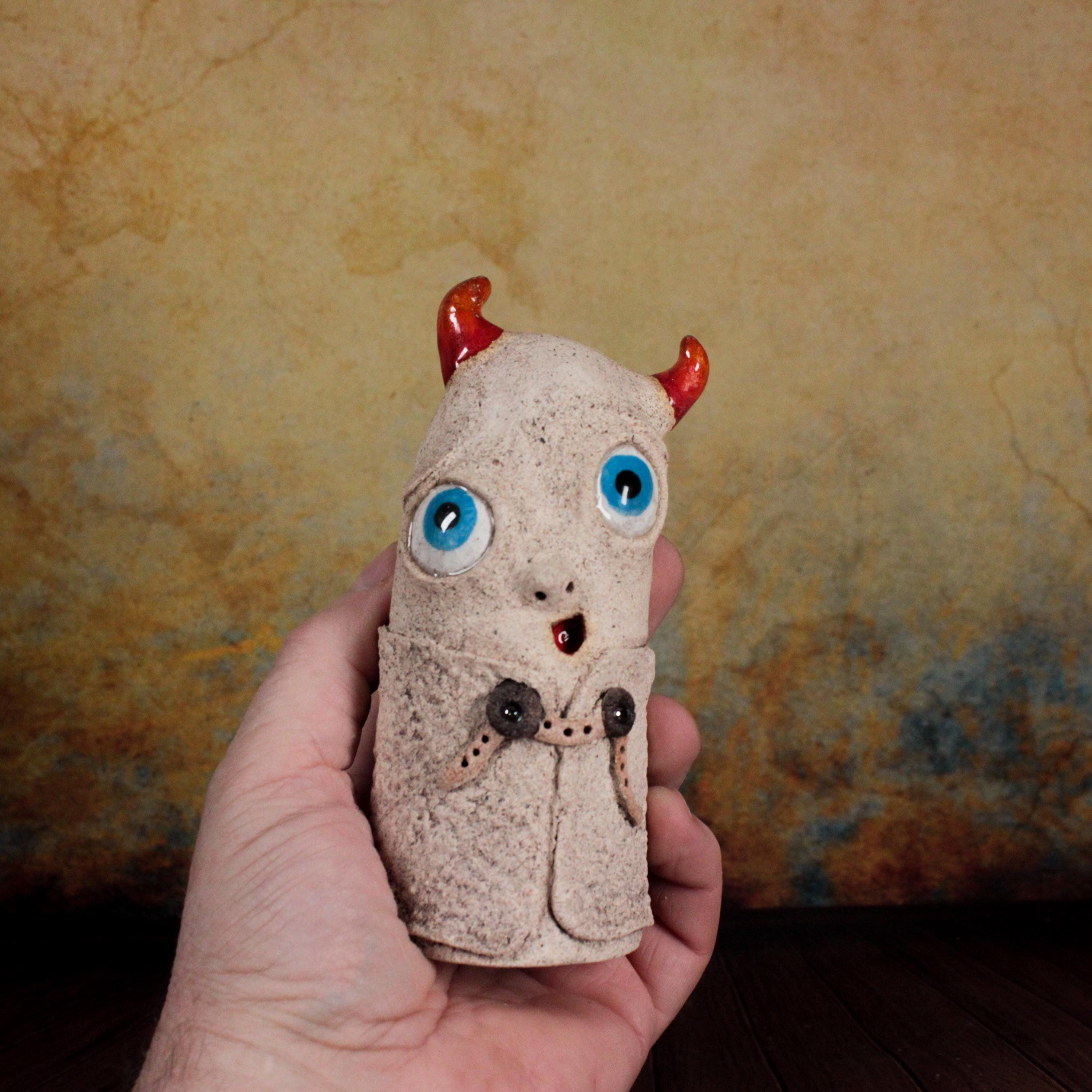 Hoo-mee With Blue Eyes and Red Horns – Handmade Ceramic Sculpture - Etsy