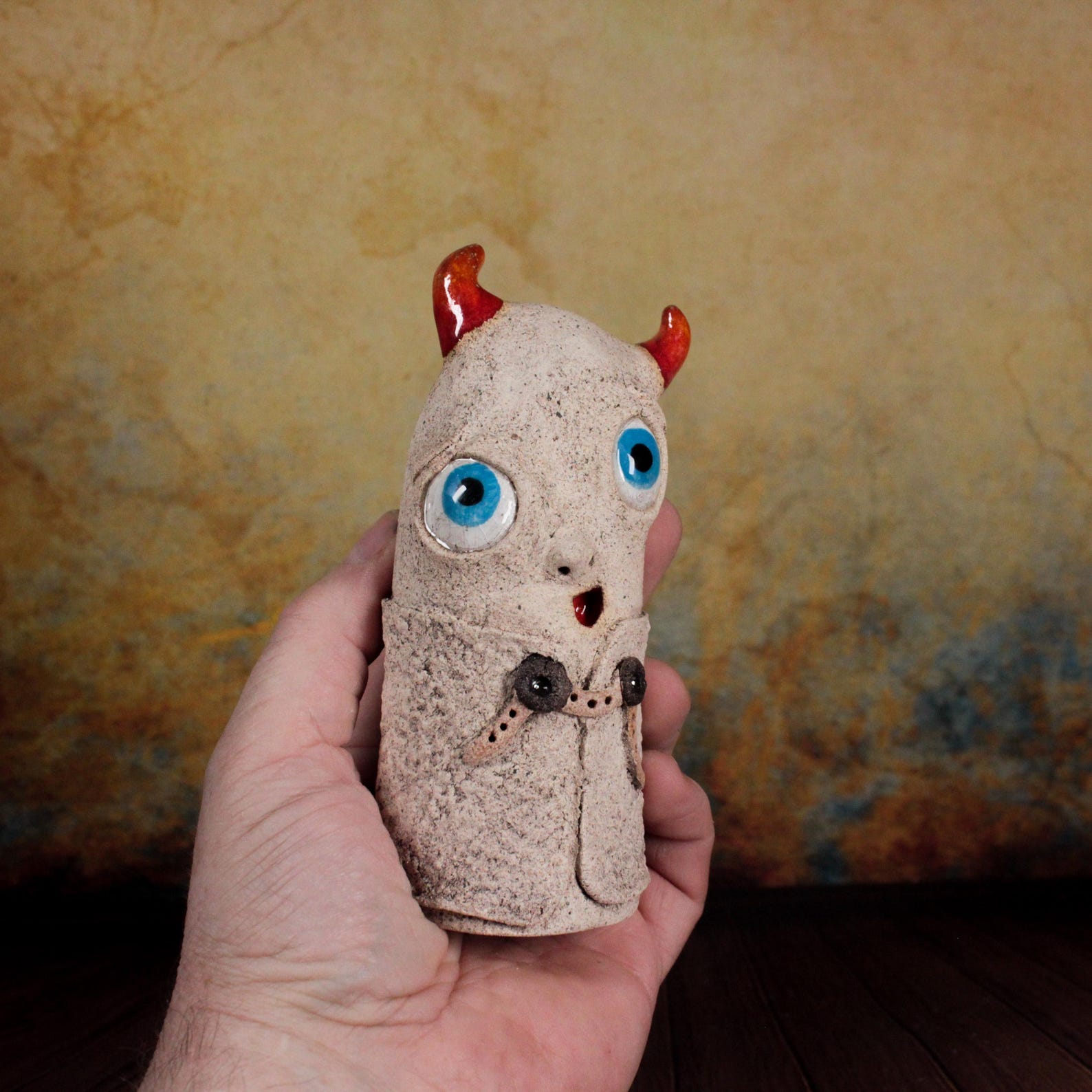 Hoo-mee With Blue Eyes and Red Horns – Handmade Ceramic Sculpture - Etsy