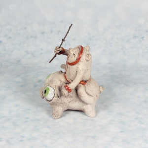 Gnoo-mee Kid Riding on a Pig. Fun Ceramic Figurine of a Playing Gnome ...