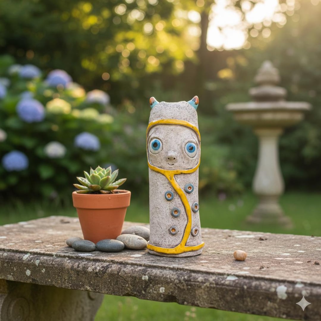 Handmade Ceramic Hoo-mee Sculpture With Blue Eyes, Yellow Coat, and ...
