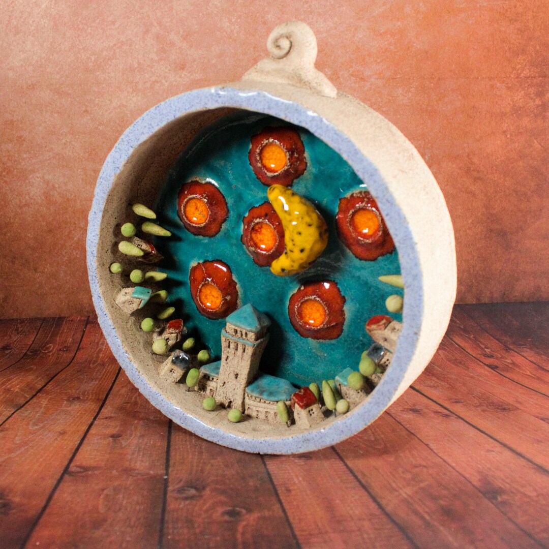 Ceramic Fantasy Diorama: Moonlit Castle Village, Handmade Ceramic Art ...