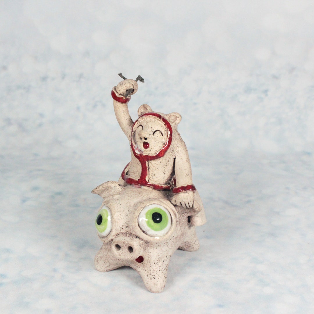 Whimsical Gnome Riding Pig Sculpture: Hand-sculpted Ceramic Art - Etsy