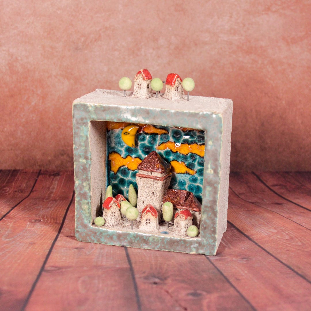 Whimsical Ceramic Art Village Diorama – Perfect Framed Gift for ...
