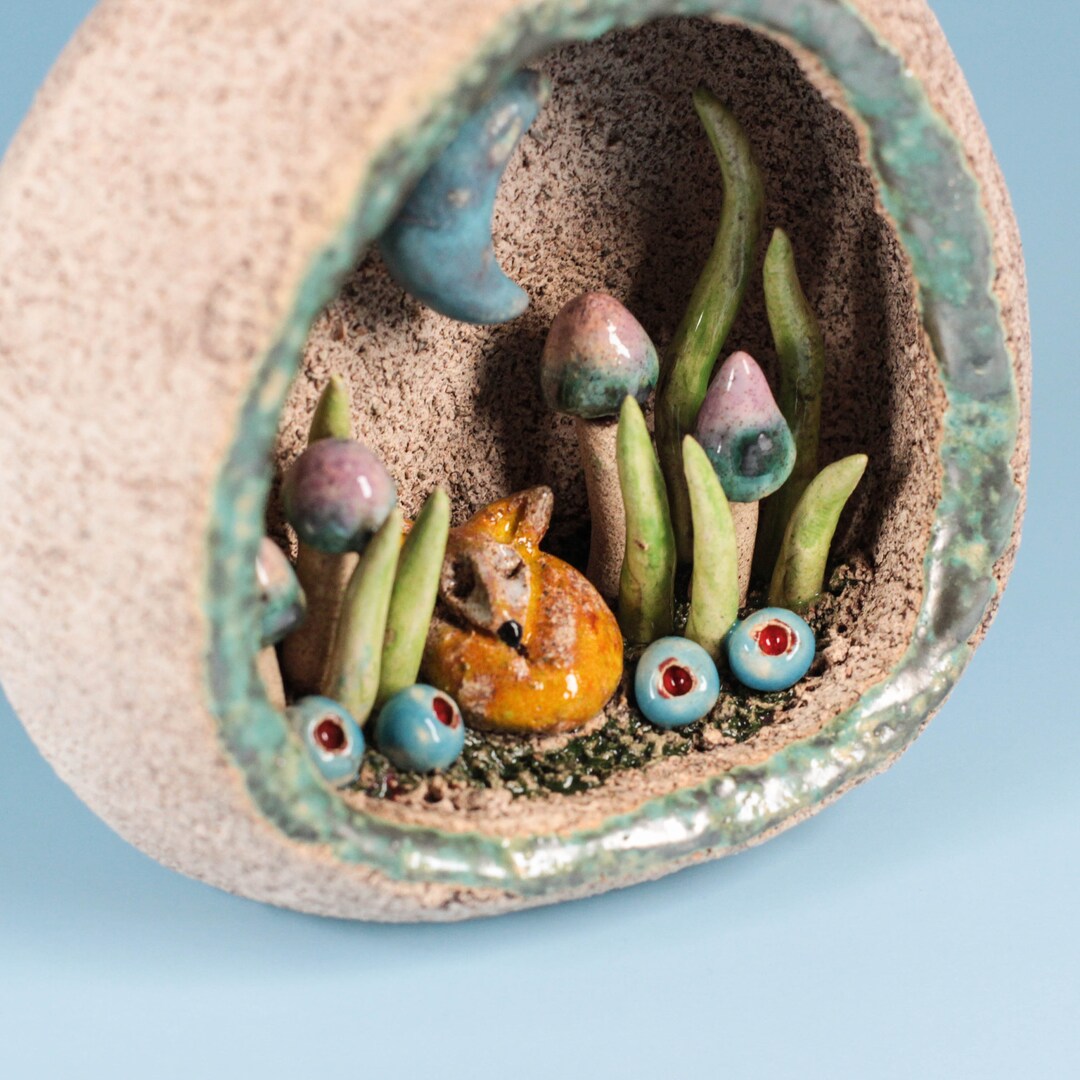 Magical Ceramic Miniature Diorama of a Fox and Mushroom - Etsy