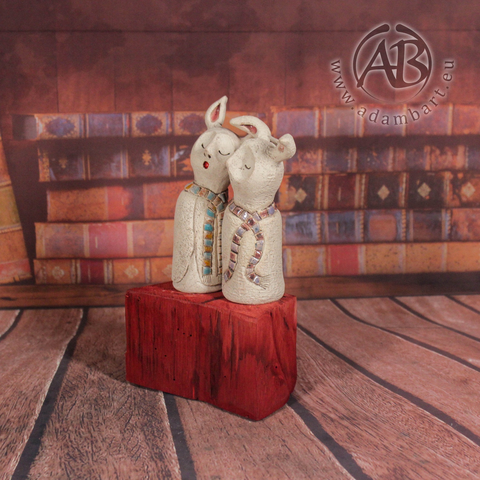 Funny Rabbit Characters Ceramic Figurine on Wooden Pedestal - Etsy