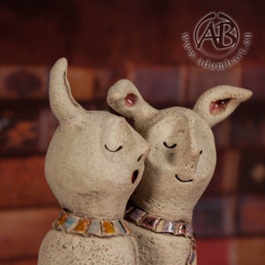 Funny Rabbit Characters Ceramic Figurine on Wooden Pedestal, Hand Made ...