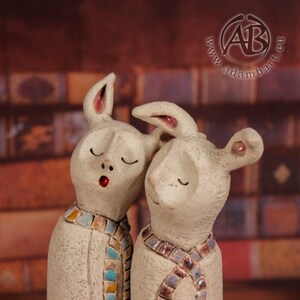 Funny Rabbit Characters Ceramic Figurine on Wooden Pedestal, Hand Made ...