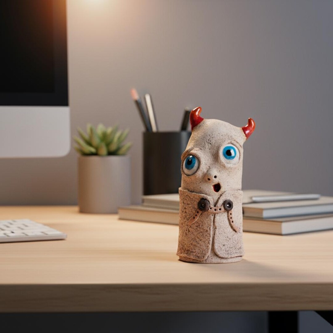 Hoo-mee With Blue Eyes and Red Horns – Handmade Ceramic Sculpture - Etsy