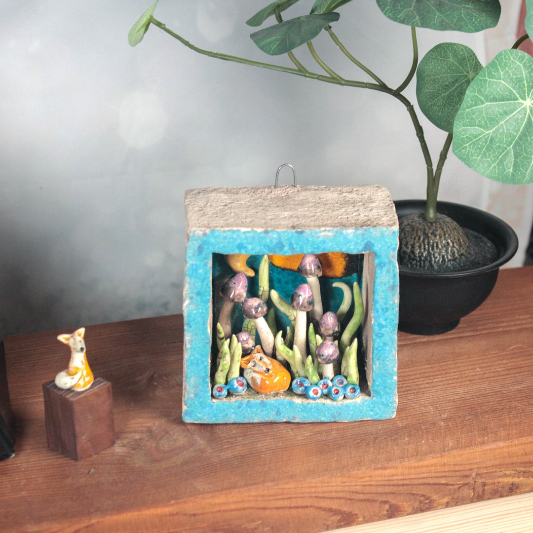 Magical Ceramic Miniature Diorama of a Fox and Mushroom Meadow, Wall ...