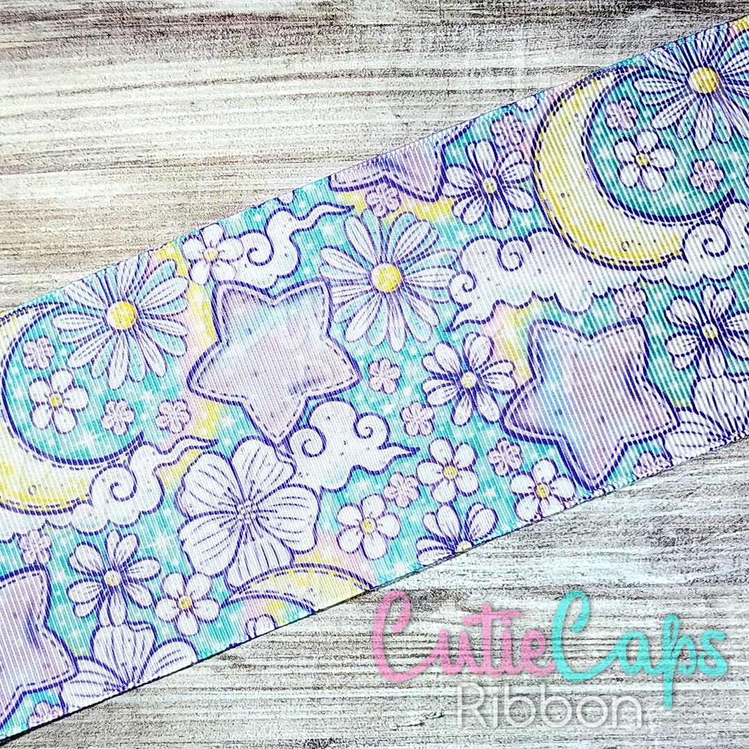 Moon and Stars Floral Grosgrain Ribbon, 5/8, 7/8, 1.5in, and 3in - 5 ...
