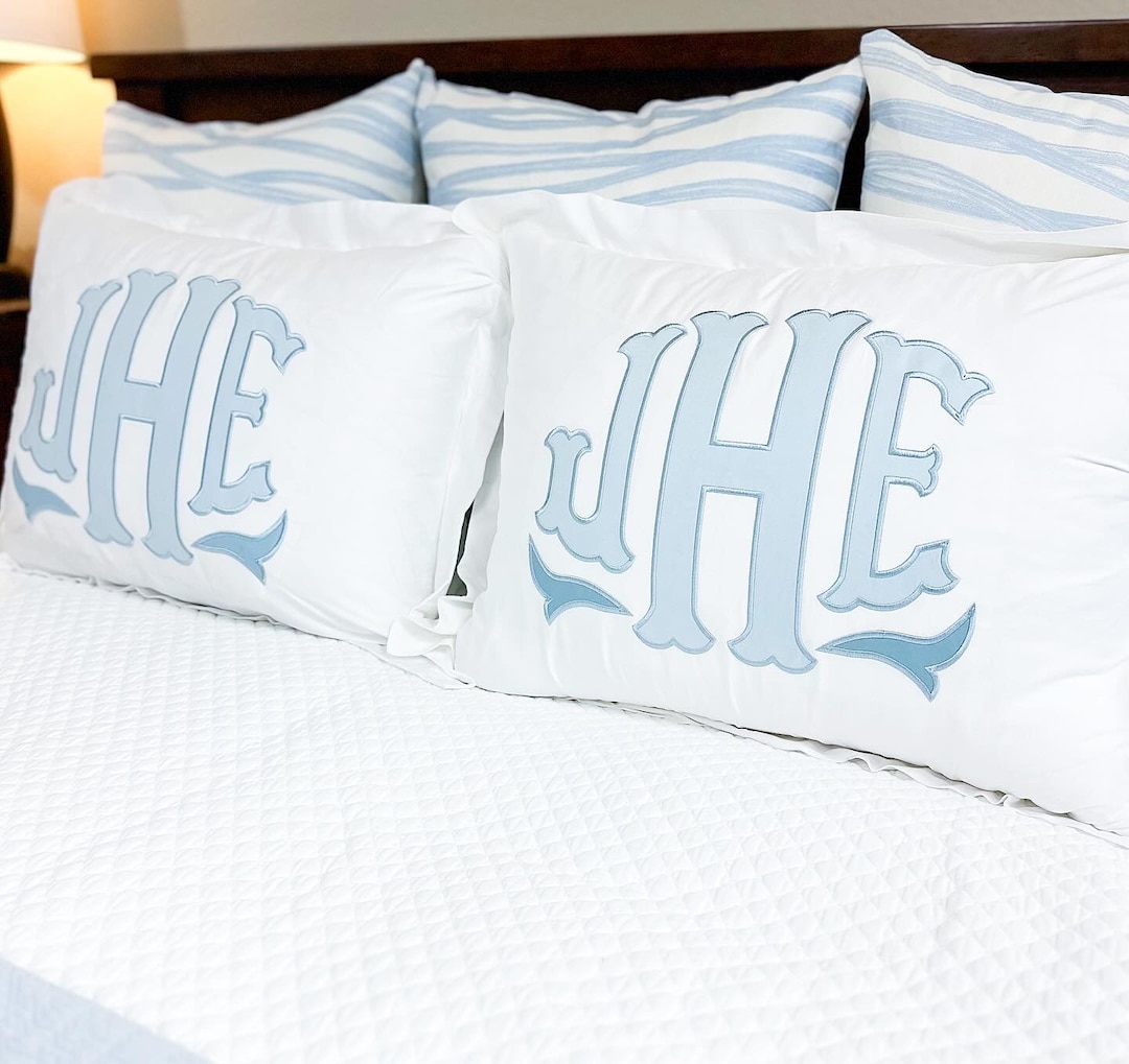 Monogram Pillow Sham: White Cotton Sateen Appliqué, Quick Ship Ines ...